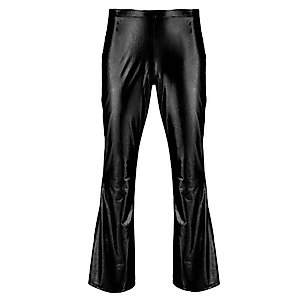 Hedmy Men's Shiny Faux Leather Disco Trousers Bell Bottoms Flared Long Pants Motorcycle Leggings Black Large