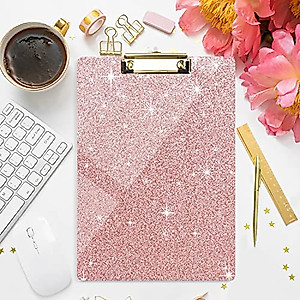 WAVEYU Acrylic Clipboard, Glitter Pink Clipboard for Women Girls, Stardard Letter Size Clipboard with Low Profile Gold Clip Designed for Classroom School and Office Use, A4 Size 12.5" x 9", Rose Gold