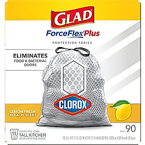 GLAD ForceFlexPlus Tall Kitchen Trash Bags, 13 Gallon Trash Bags for Tall Kitchen Trash Can, Lemon Fresh Bleach Scent to Eliminate Odors, 90 Count (Package May Vary)