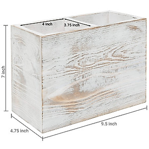 MyGift Whitewashed Wood Kitchen Utensil Holder Organizer, Countertop Flatware Silverware Cooking Utensil Crock Storage Caddy with 2 Compartments