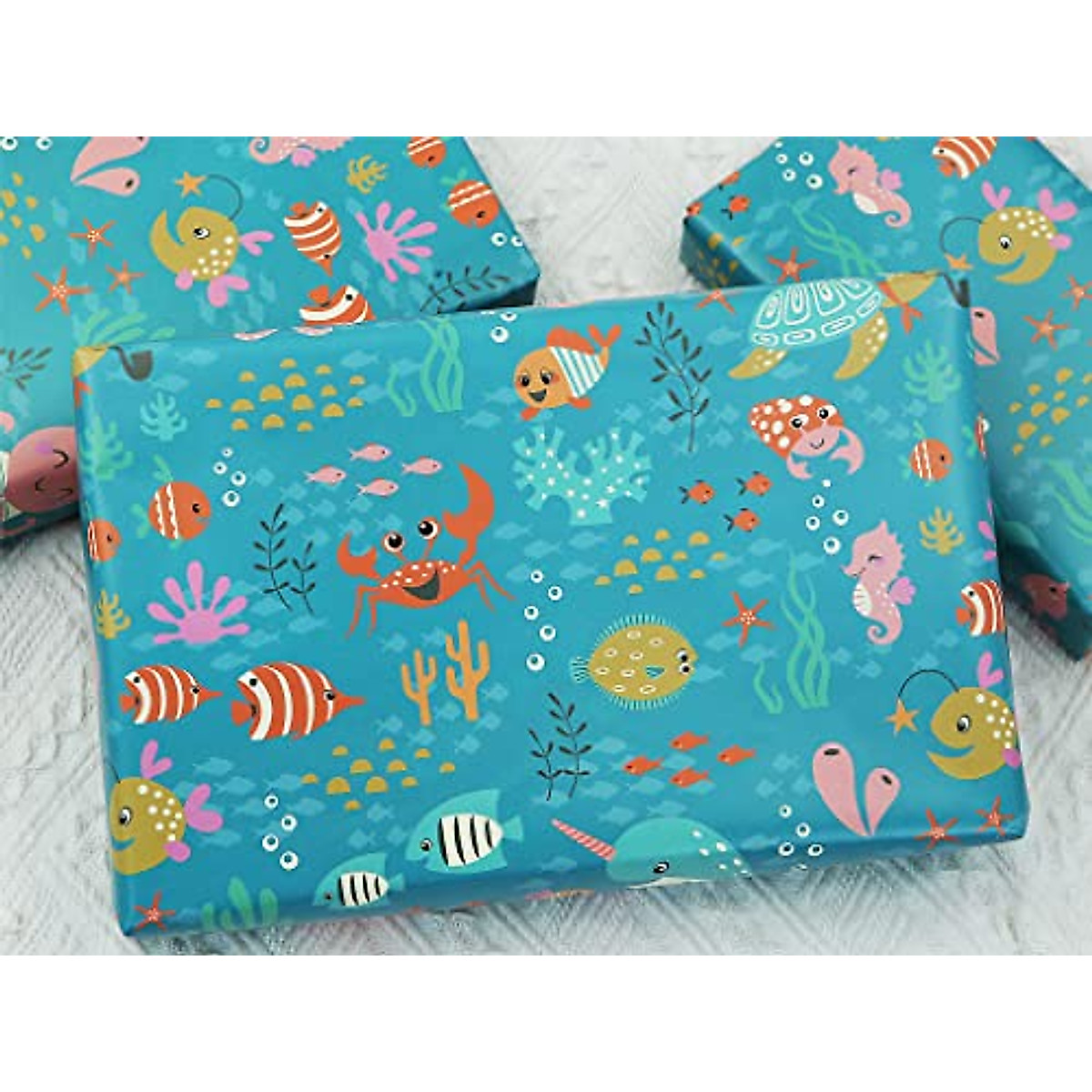 Ocean Themed Birthday Wrapping Paper For Kids Girls Boys, Under the Water Animal Coastal Design Gift Wrap Paper for Birthday Baby Shower Children's Day, 4 Sheets Folded Flat 20x28 Inches Per Sheet