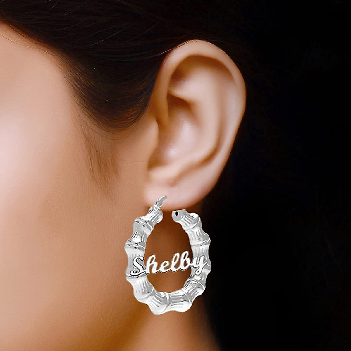 LeCalla Personalized Bamboo Earrings with Name Customized 925 Sterling Silver Bamboo Name Hoop Earrings for Women