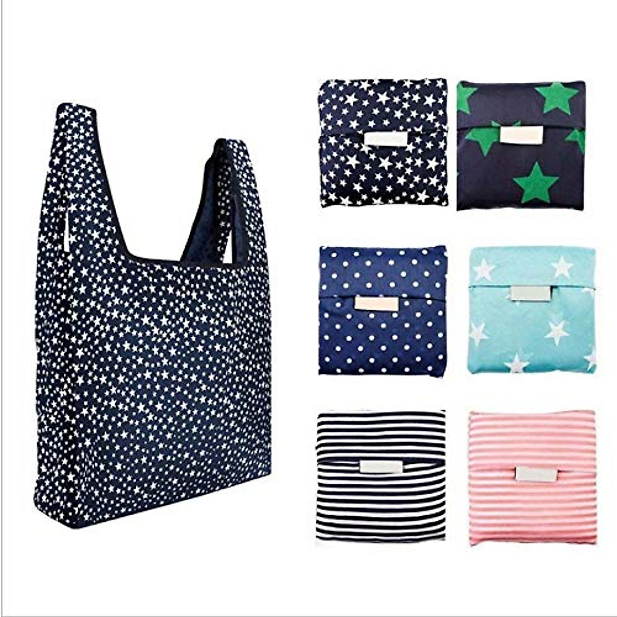 Pack of 6 Reusable Grocery Bags Set, Grocery Tote Foldable into Attached Pouch, Reinforced Polyester Reusable Shopping Bags, Washable, Durable and Lightweight