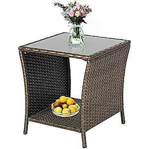 KINTNESS Wicker Rattan Side Table Outdoor End Table Patio Courtyard Coffee Bistro Glass Table with Storage