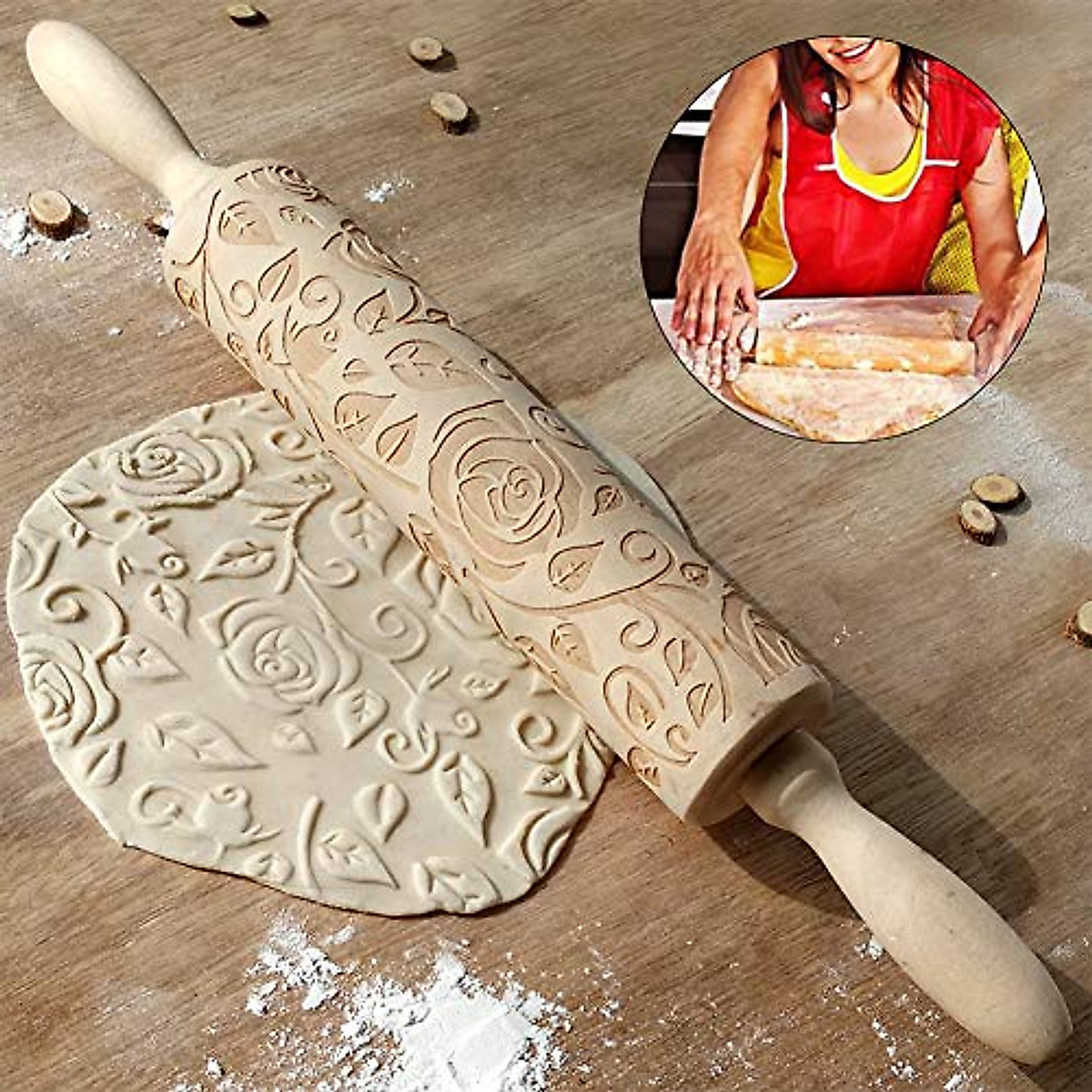 Wooden Rolling Pin, Rose Flower Embossed Engraved Carved Rolling Pin, Valentine's Day DIY Cookies Biscuit Fondant Cake Dough Roller Baking Tool (Wood color)