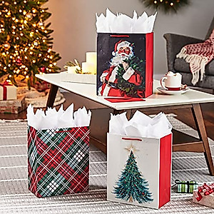 Hallmark 13" Large Christmas Gift Bag Set (3 Bags: Traditional Santa, Red and Green Plaid, Christmas Tree) for Friends, Family, Teachers, Coworkers