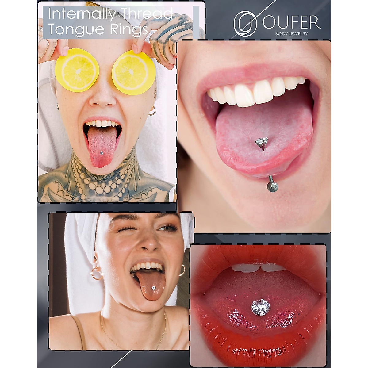 OUFER 14G Tongue Rings, Shiny Clear CZ Tongue Barbells, G23 Solid Titanium Tongue Piercing Jewelry, Nickel-free Tongue Ring for Women Men