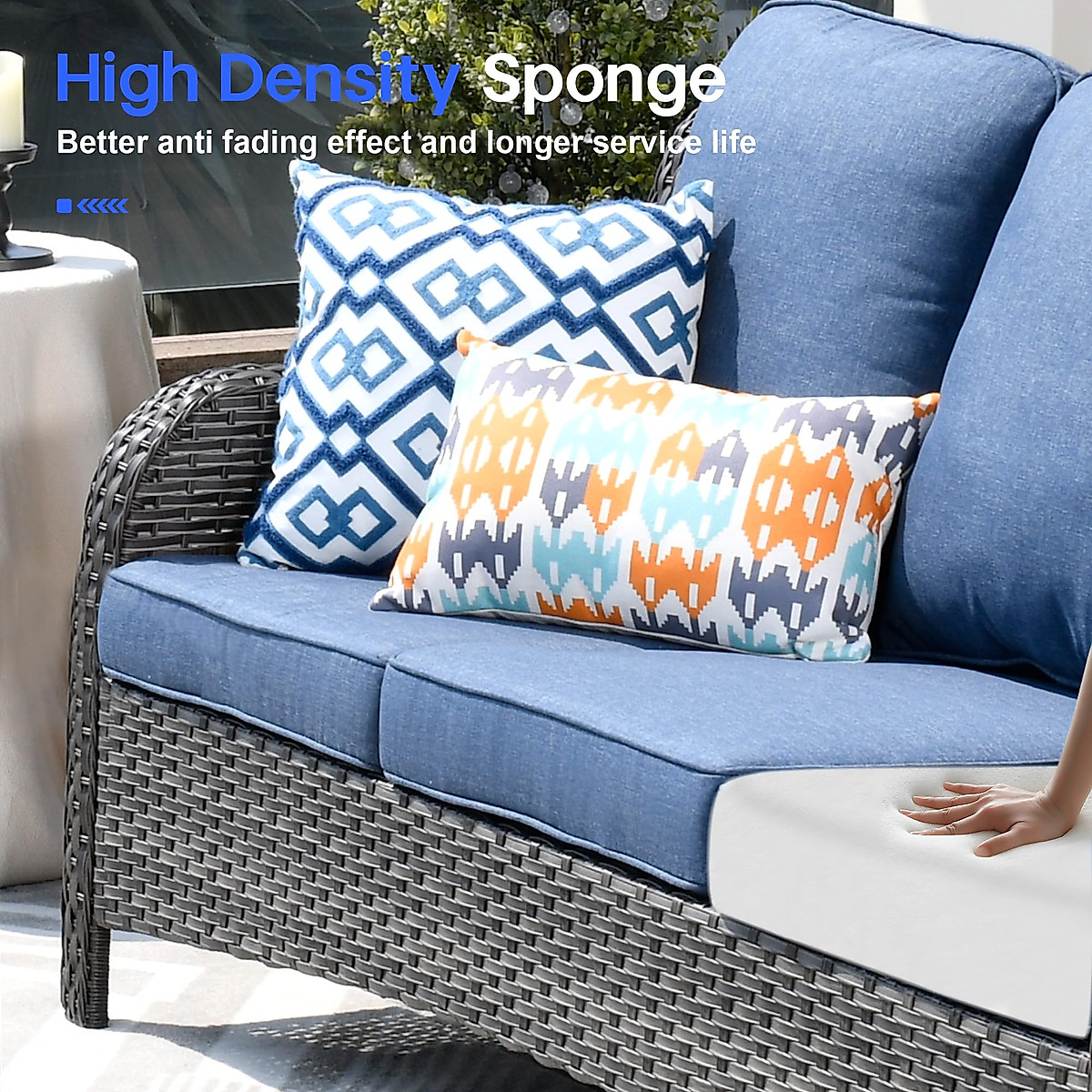 XIZZI Patio Furniture Sets Outdoor Swivel Rocking Chairs with 50,000 BTU Propane Fire Pit Table 7 Pieces All Weather PE Wicker Conversation Sofa and Matching Side Table,Grey Wicker Denim Blue