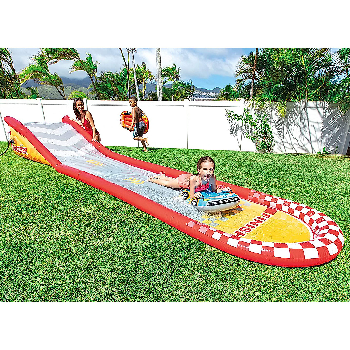 Intex 57167EP 18.5 Foot Long Inflatable Racing Fun Water Slide Track with 2 Surf Car Riders and Built-in Sprayer for Ages 6 and Up