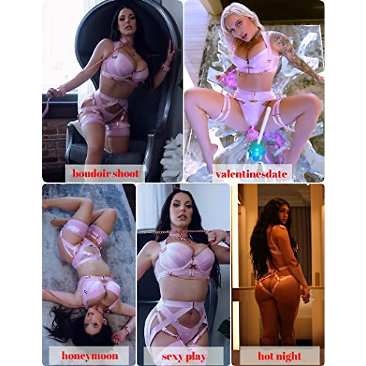 Avidlove Sexy Lingerie Set for Women Underwire Push Up Bra Lingerie Strappy Corset Lingerie with Garter and Chain(Pink,L)