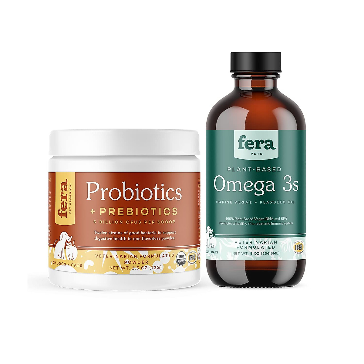 Fera Pets Probiotics and Plant Based Omega 3s, 6, 9 Bundle for Dogs and Cats – All Natural Probiotic Powder with 5 Billion CFUs Per Scoop – Omega 3s for Healthy Skin, Coat, and Immune System (8oz.)