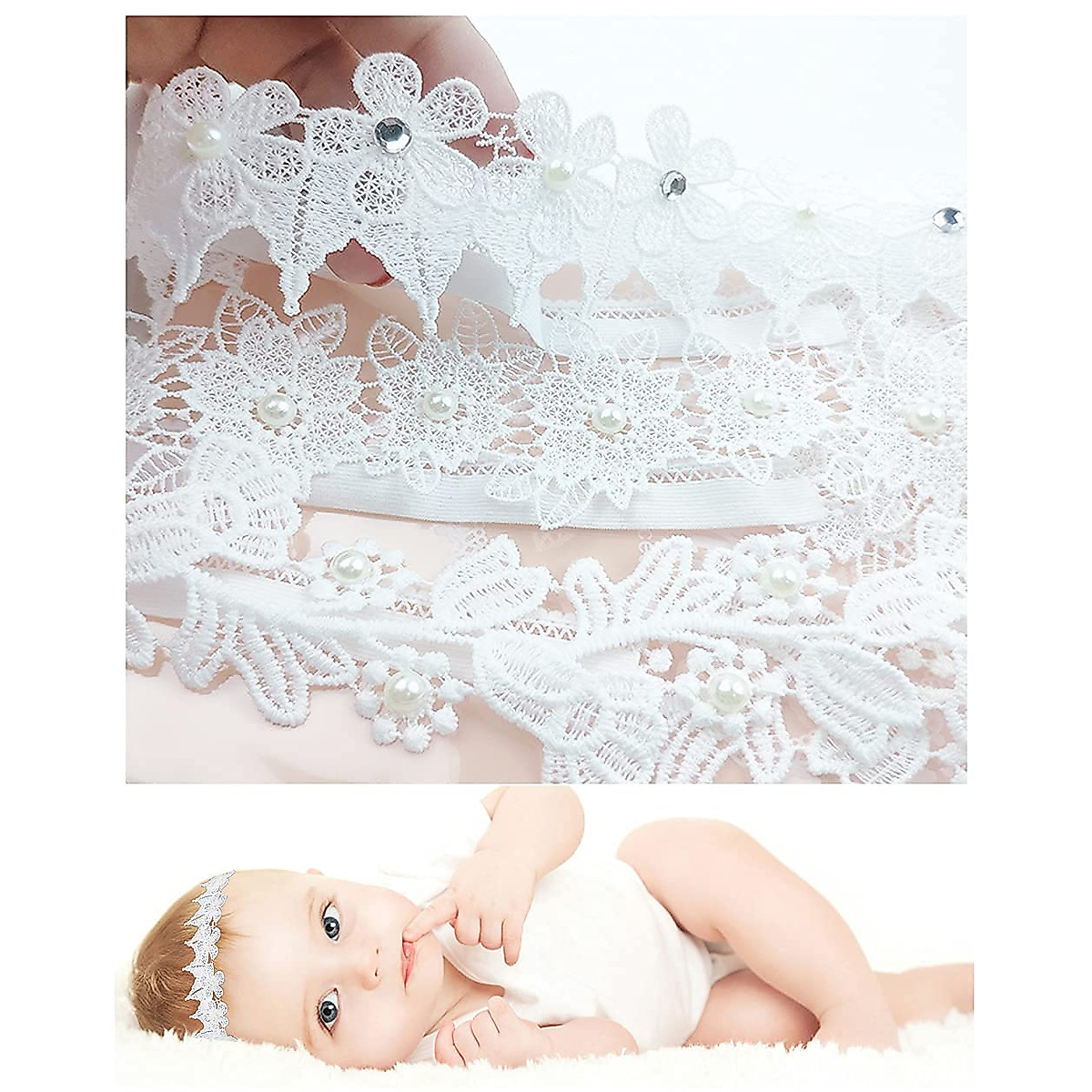 Chiffon Lace Hair Bands For Baby Grils Toddler Flower Lace Accessories Elastic Headband Hand Sewing Beads Hair Bands, Baby Show，Birthdays, Baby Shower,Baby photography, Baby Gifts,0-24 months(white)
