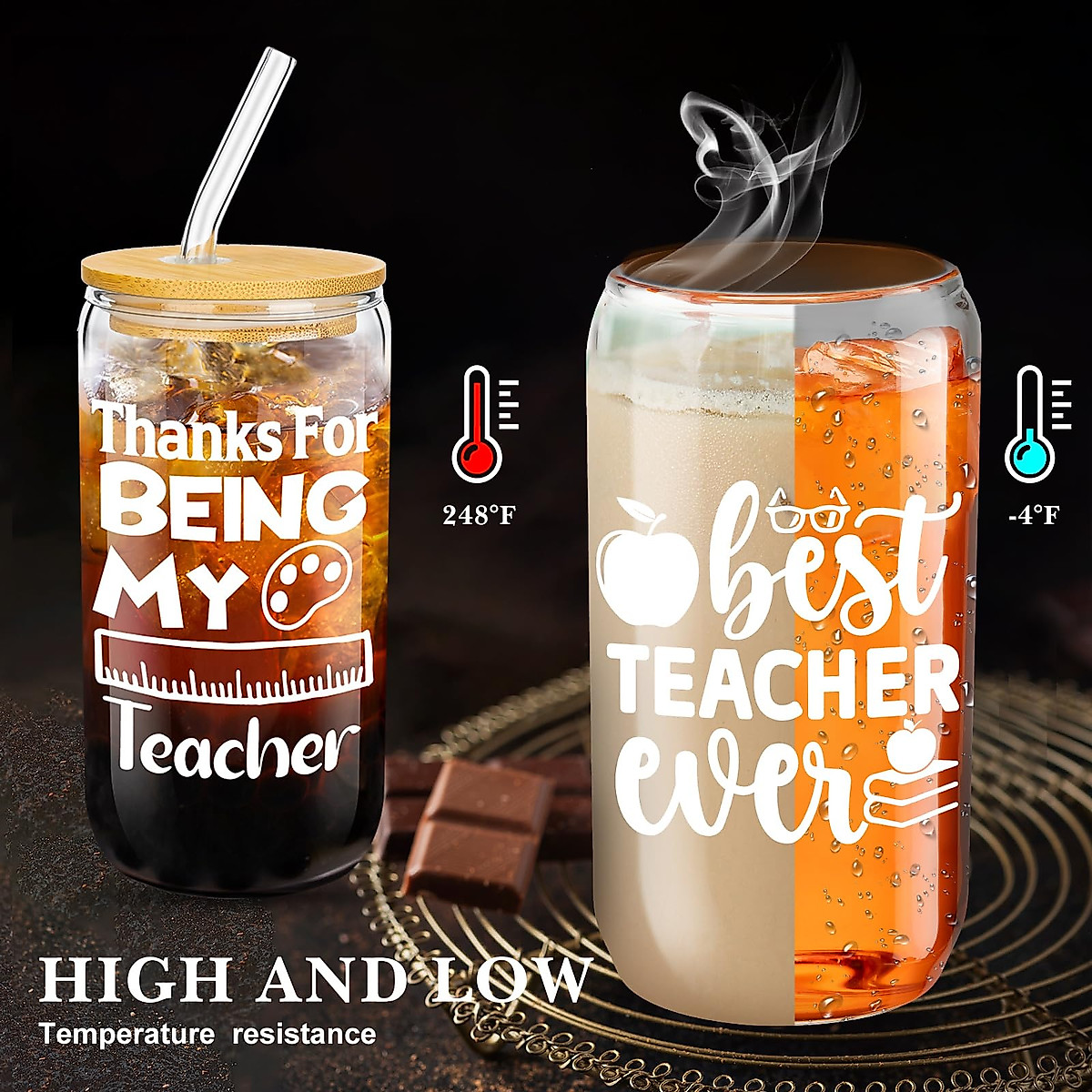 Pinkunn 12 Set Teacher Cup Appreciation Gifts Bulk for Women Glass Cups 16oz Can Shaped Beer Glass with Lids Straws Brushes Teacher Birthday Gifts(Colorful)