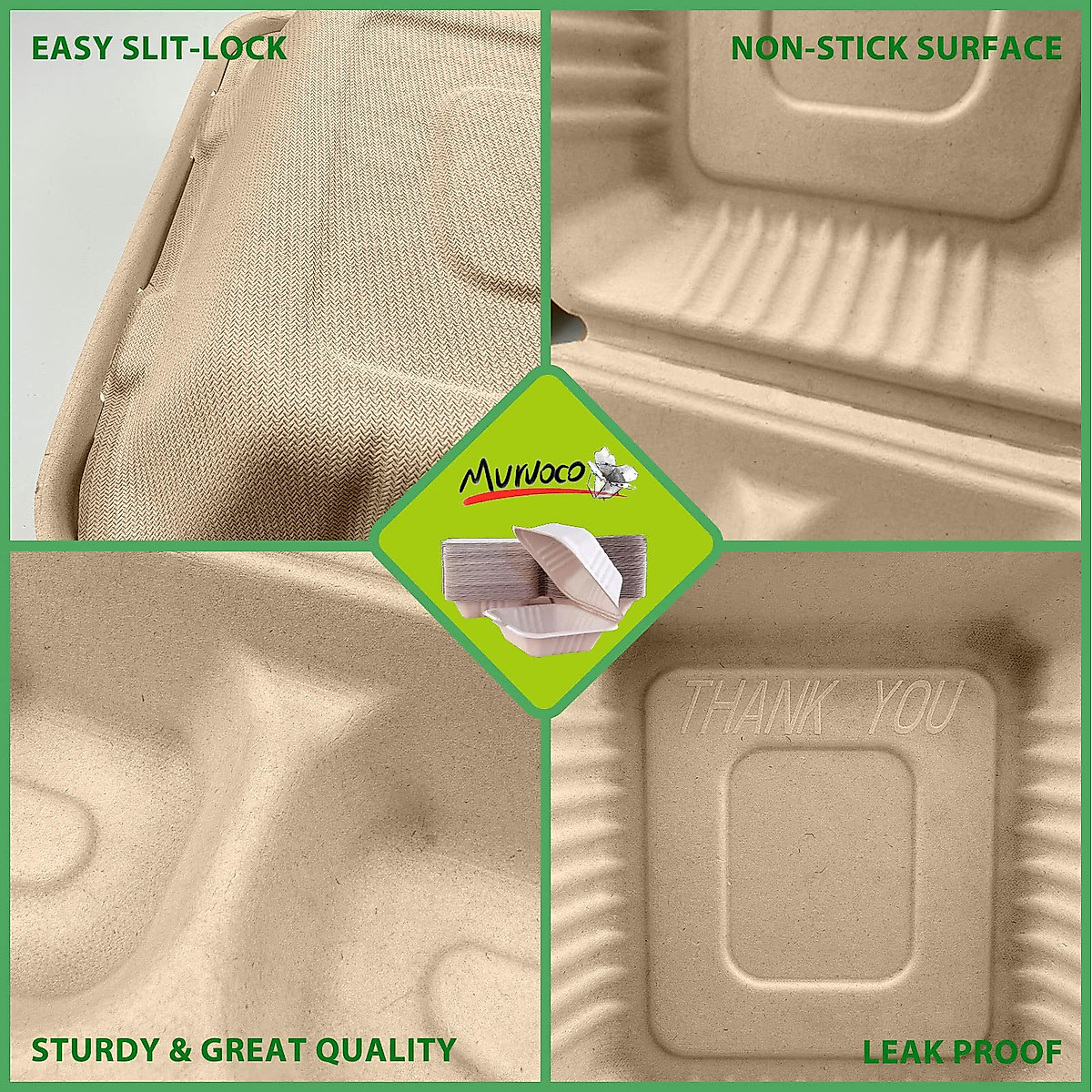 MURUOCO, 200-PACK 100% Compostable Clamshell Take Out Food Containers- Heavy-Duty Quality to go boxes, Microwave-Safe, Made of Sugar Cane Fibers- 9x9 3-compartment