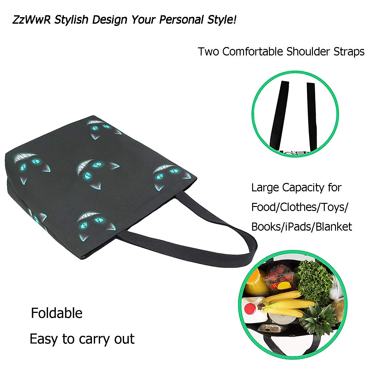 ZzWwR Stylish Funny Cheshire Cat Pattern Extra Large Canvas Beach Travel Reusable Grocery Shopping Tote Bag Portable Storage HandBag