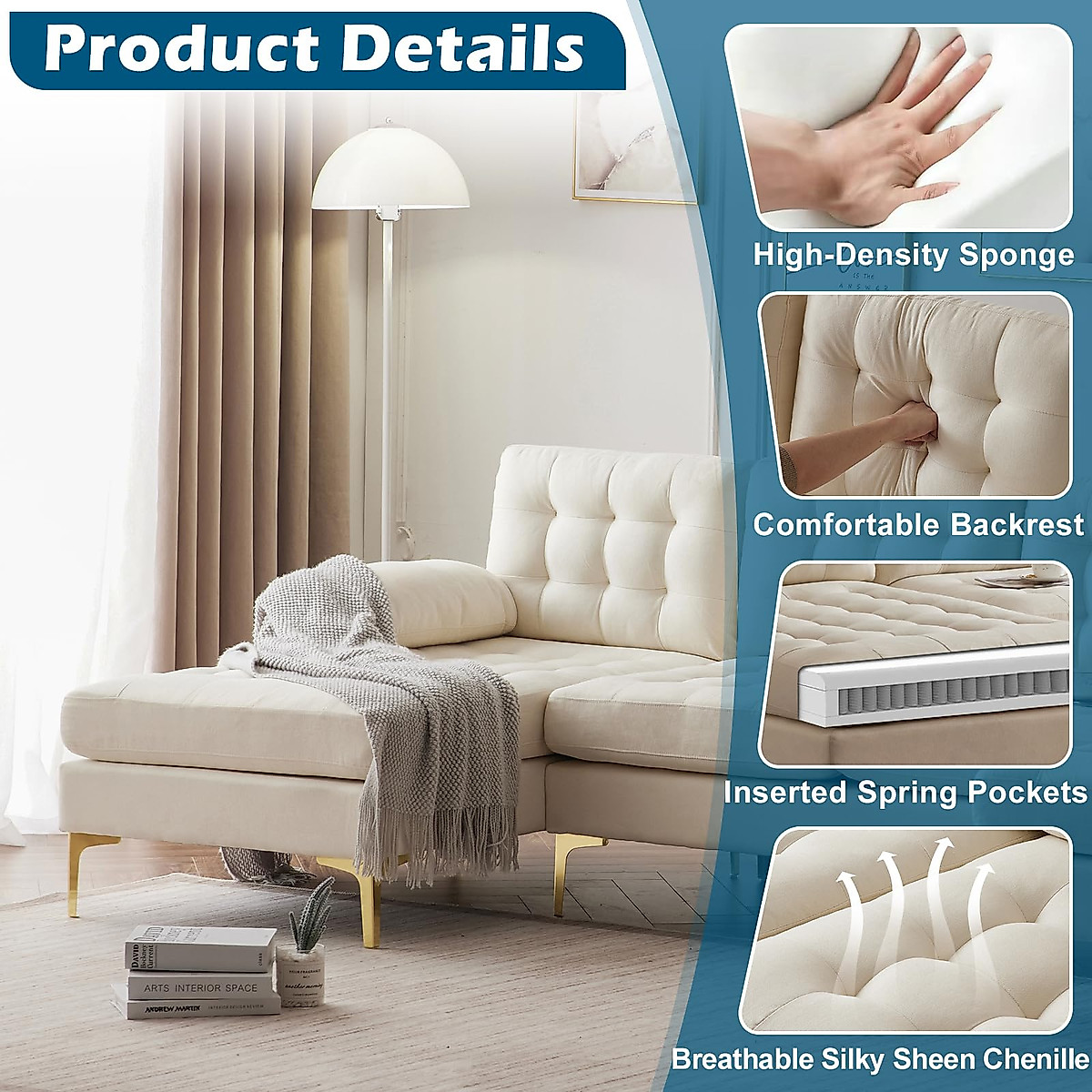 VINGLI 110" Modern U Shaped Sectional Sofa Couch with 51" D Double Chaise for Living Room, Large Tufted Button Couch Sets with 5.9" Thickness Seating Padding for Small Spaces (Beige,Tufted Button)