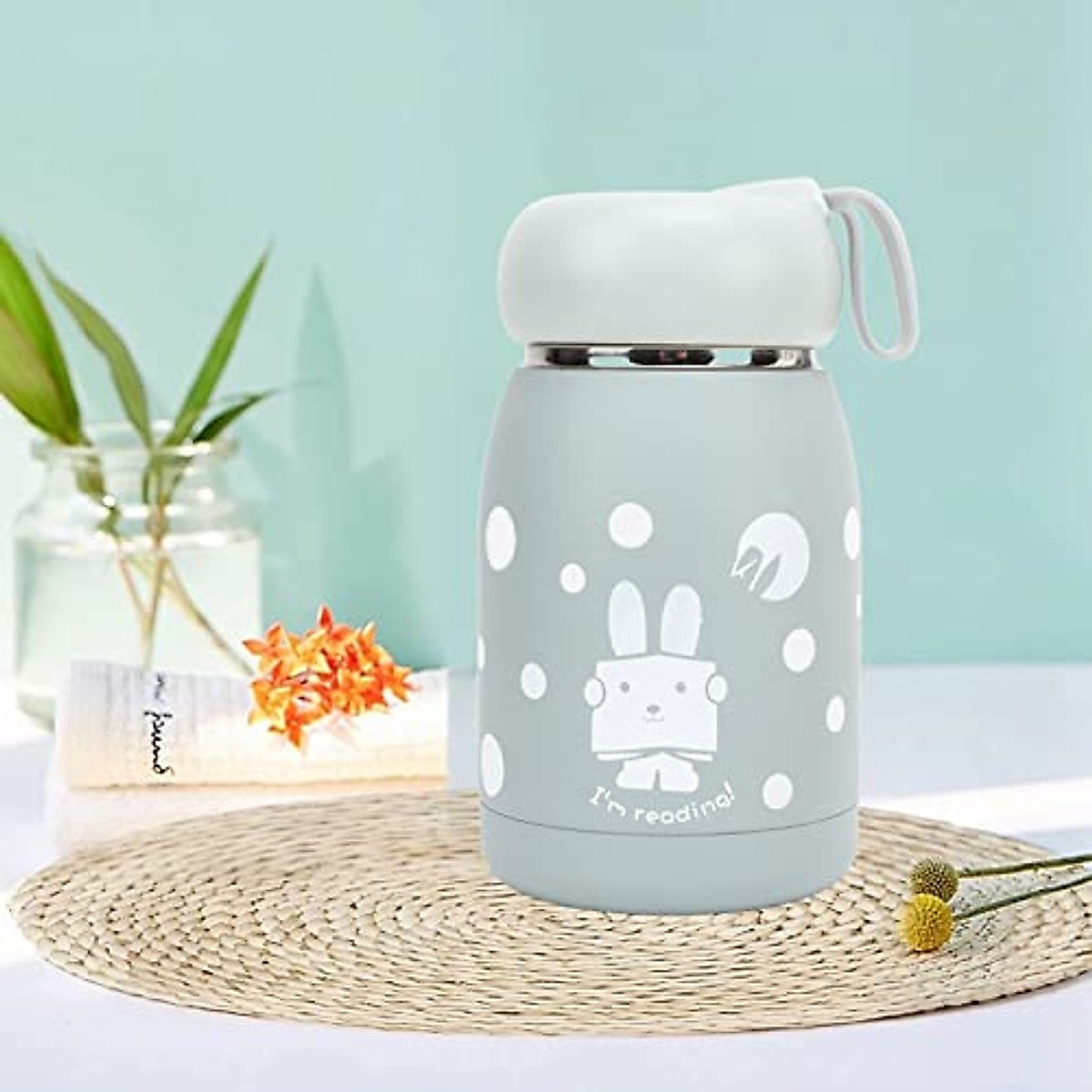 GLOGLOW Insulated Water Bottle, Stainless Steel 12 Ounce Insulation Cup for Kids, Rabbit Pattern, Double Wall for Travel (Blue)