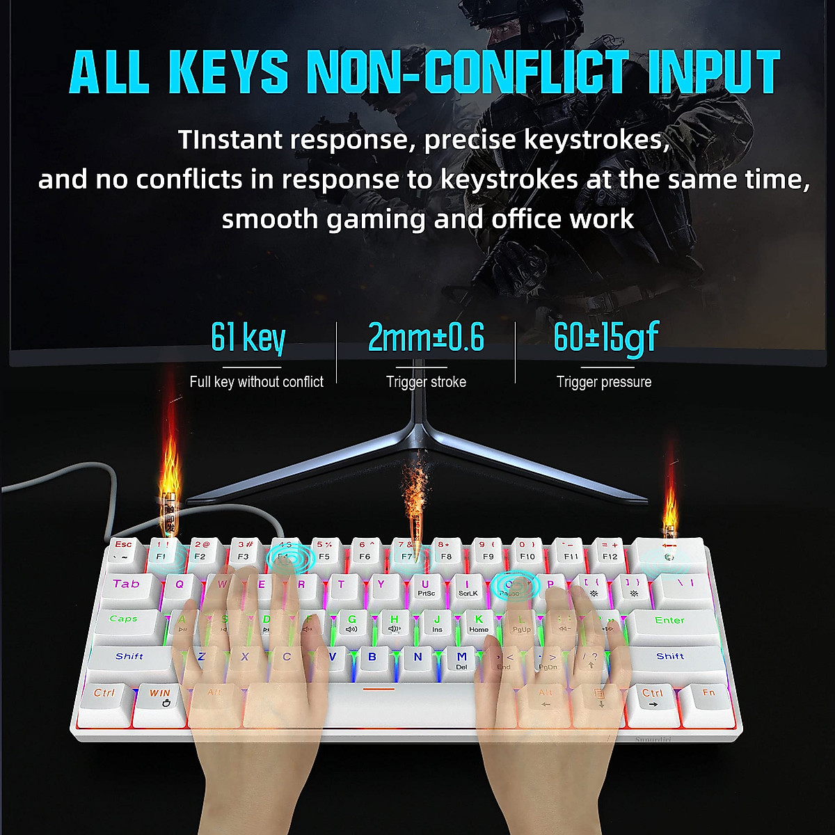 Snpurdiri Wired 60% Mechanical Gaming Keyboard, Blue Switch Anti-Ghosting 61 Key Keyboard with RGB Backlit and Double Foot, Ultra-Compact White
