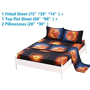 SDIII 4Pcs Fiery Basketball Sheet Set Twin, Basketball with Special Effects Sheet Set, Super Soft Microfiber, Wrinkle and Fade Resistant, for Boys Men and Basketball Sports Lovers, Twin