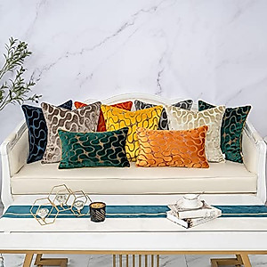 Yangest Burnt Orange Velvet Wave Lumbar Throw Pillow Cover Wavy Line Luxury Cushion Case Modern Zippered Rectangular Pillowcase for Sofa Couch Bedroom Living Room Home Decorative, 12x20 Inch