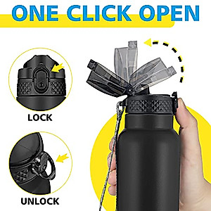 Han's Bottle Sports Water Bottle - 24 Oz, Straw Lid, Leak Proof, Vacuum Insulated Stainless Steel, Double Walled, Thermo Mug,Black