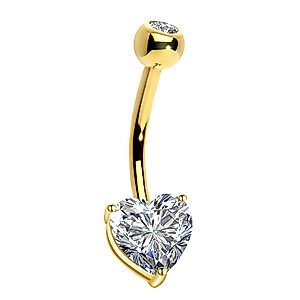 OUFER 14K Gold Heart Solitaire Cubic Zirconia Belly Button Rings Navel Rings Body Piercing Jewelry