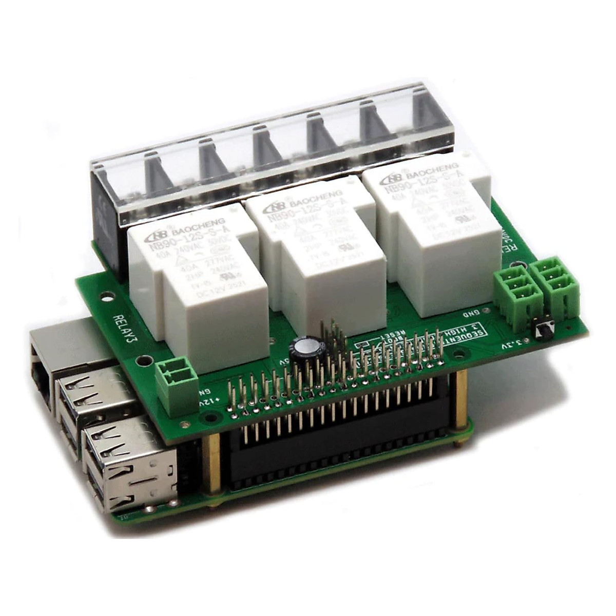 Three 40A/240V Relays RS485 Daisy-channable HAT for Raspberry Pi