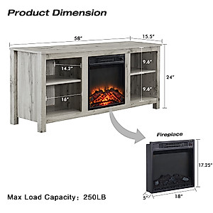 CHADIOR Wooden Stand and Electric Fireplace, Fit up to 65" Flat Screen TV with Cabinet and Adjustable Shelves Entertainment Center for Living Room, Light Grey