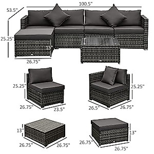 Outsunny 6 Pieces Patio Furniture Sets Outdoor Wicker Conversation Sets All Weather PE Rattan Sectional Sofa Set with Ottoman, Cushions & Tempered Glass Desktop, Charcoal
