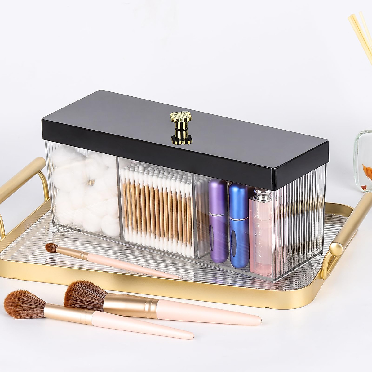 acDesign Qtip Holder Rectangle Cotton Ball and Swab Holder Organizer with Lid, Plastic Apothecary Jars, 3 Compartment Cotton Pad Container for Vanity Makeup Organization