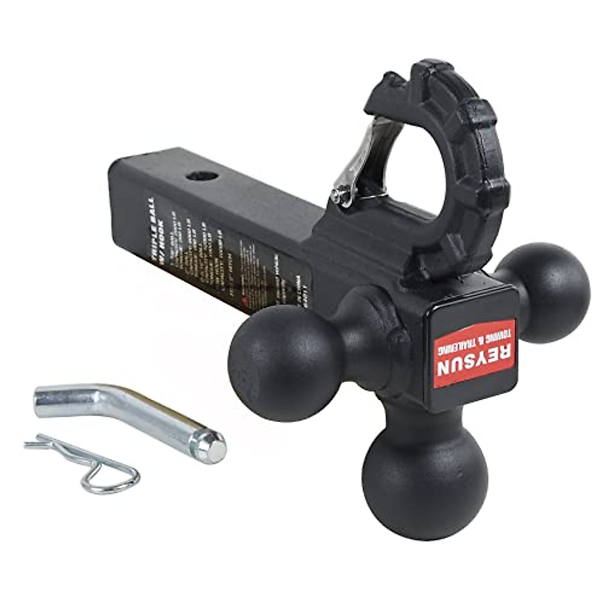 REYSUN Trailer Hitch Tri Ball Mount with Hook, Tactical Tow Hook, Fits 2 inch Hitch Receiver, Secure with Self-Lock Latch, Matt Black
