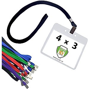10 Pack - 4x3 Name Badge Holder with Lanyard - Clear Plastic Horizontal 4 x 3 Event Card Protector, Trade Show Ticket, Conference Nametag Holder by Specialist ID (Assorted Colors)