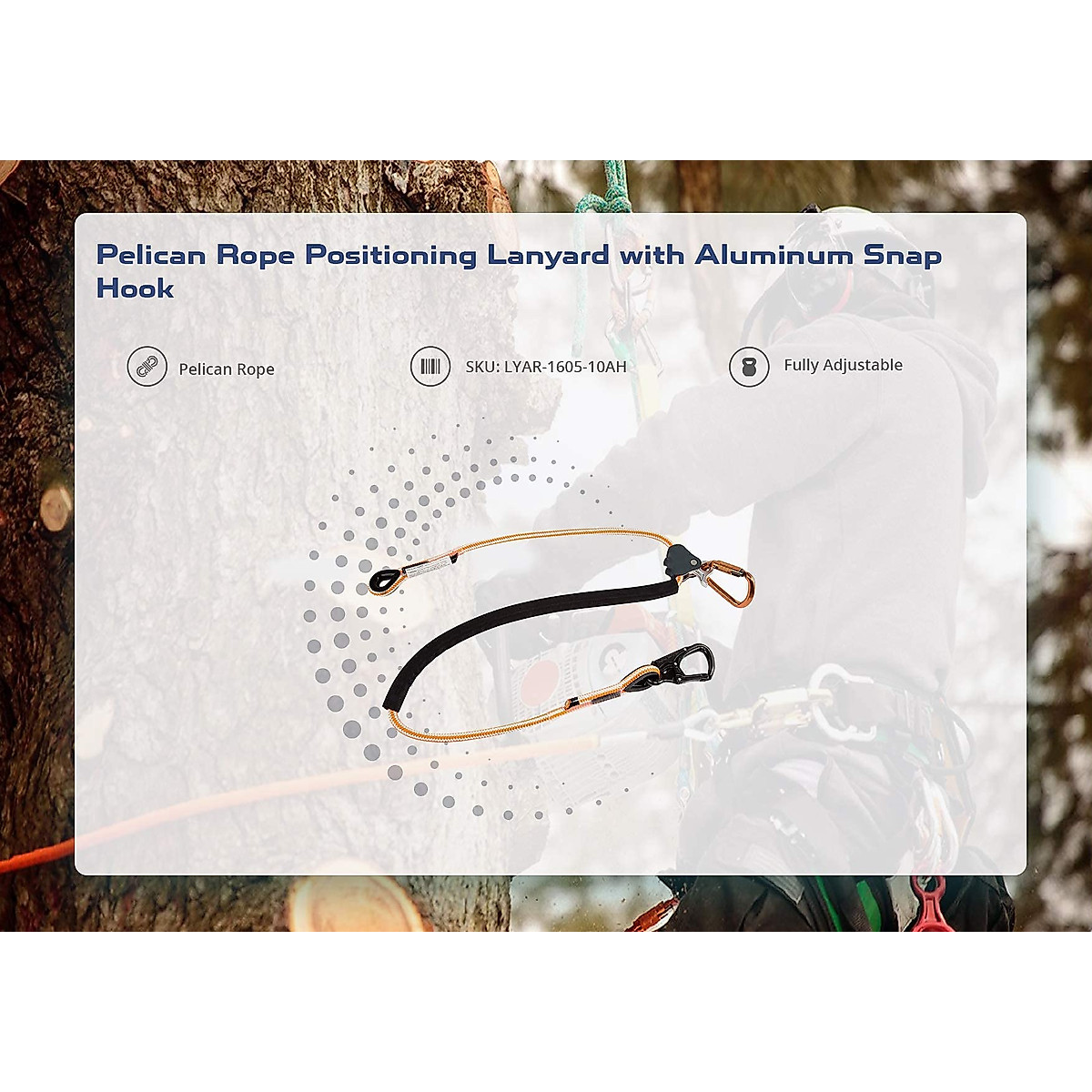 ProClimb Arborist Positioning Lanyard by Pelican Rope - 1/2 in x 10 ft Polyester Rope with Aluminum Snap Hook - Adjustable, High Visibility, ANSI/OSHA Certified for Work Positioning and Tree Climbing