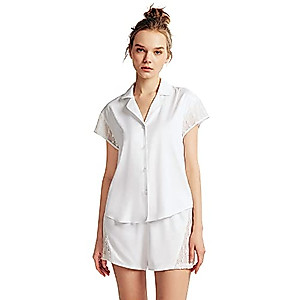 AW BRIDAL White Bride Pajamas Plus Size Silk Pajama Set for Women Short Button Down Pajamas with Patchwork Lace 2Pieces PJ Set, White XL