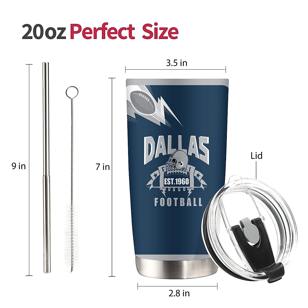 Custom Dallas Tumbler 20oz Stainless Steel with Lid & Straw Personalized Football Fans Gifts for Women Men Travel Cup Insulated Tumbler Add Name Number
