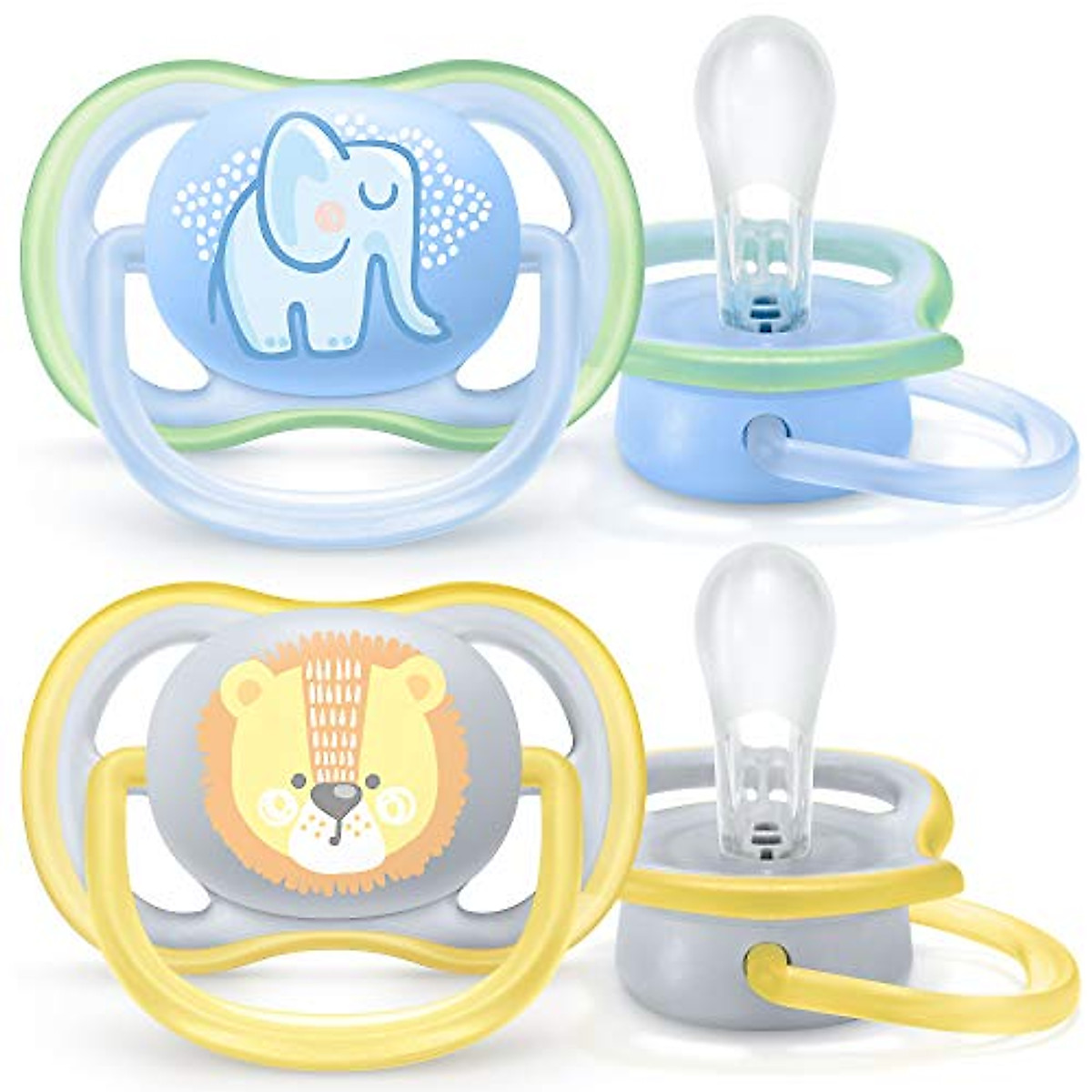Philips AVENT Ultra Air Pacifier, 0-6 Months, Elephant,Lion, 4 Pack, SCF085/07