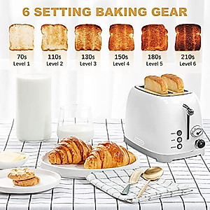 Toaster 2 Slice ,1.5"Extra Wide Slots Toaster,Retro Stainless Steel with Bagel, Cancel, Defrost, Reheat Function and 6-Shade Settings, Removal Crumb Tray (White)