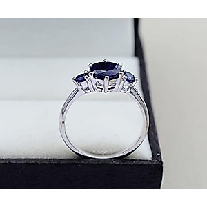 Three Stone Natural Blue Sapphire 7 MM Round Cut 925 Sterling Silver September Birthstone Cluster Unisex Proposal Ring Girlfriend Gift For Valentine Day (Rhodium Plated Silver, 6)