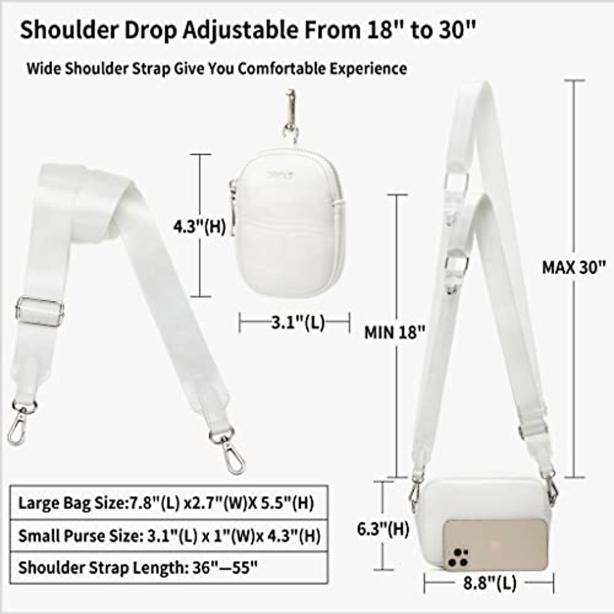 INICAT Crossbody Bag for Women Roomy Pockets Wallet Purse with Small Coin Purse（60-White）