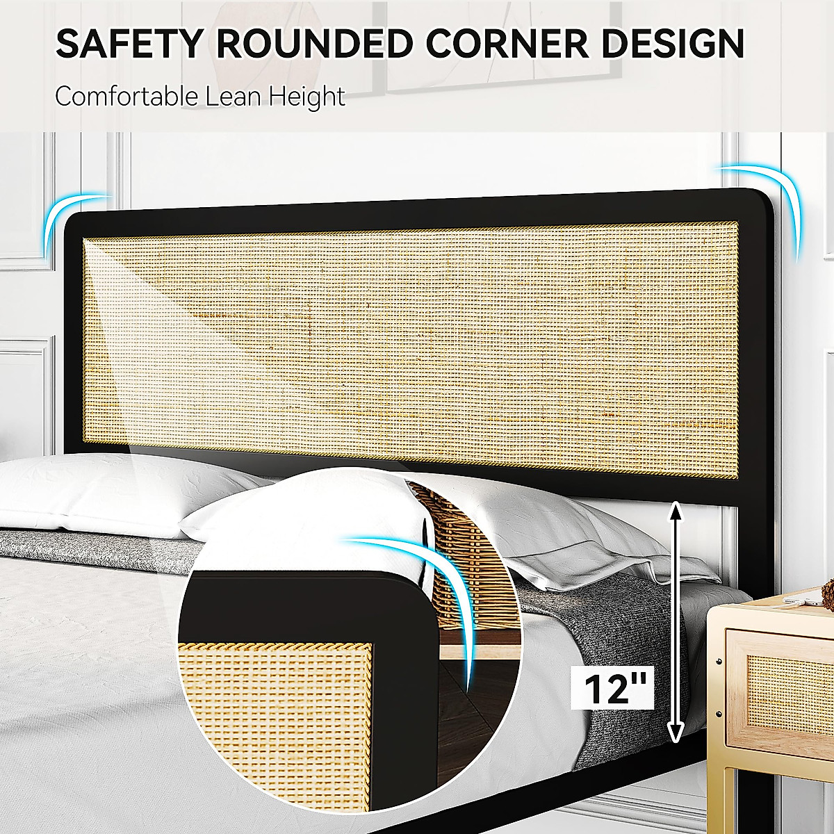 Amyove Full Size Bed Frame with Natural Rattan Headboard, Bohemian Platform Bed Frame with Strong Metal Slats Support, Boho Cane/Mattress Foundation/No Box Spring Needed