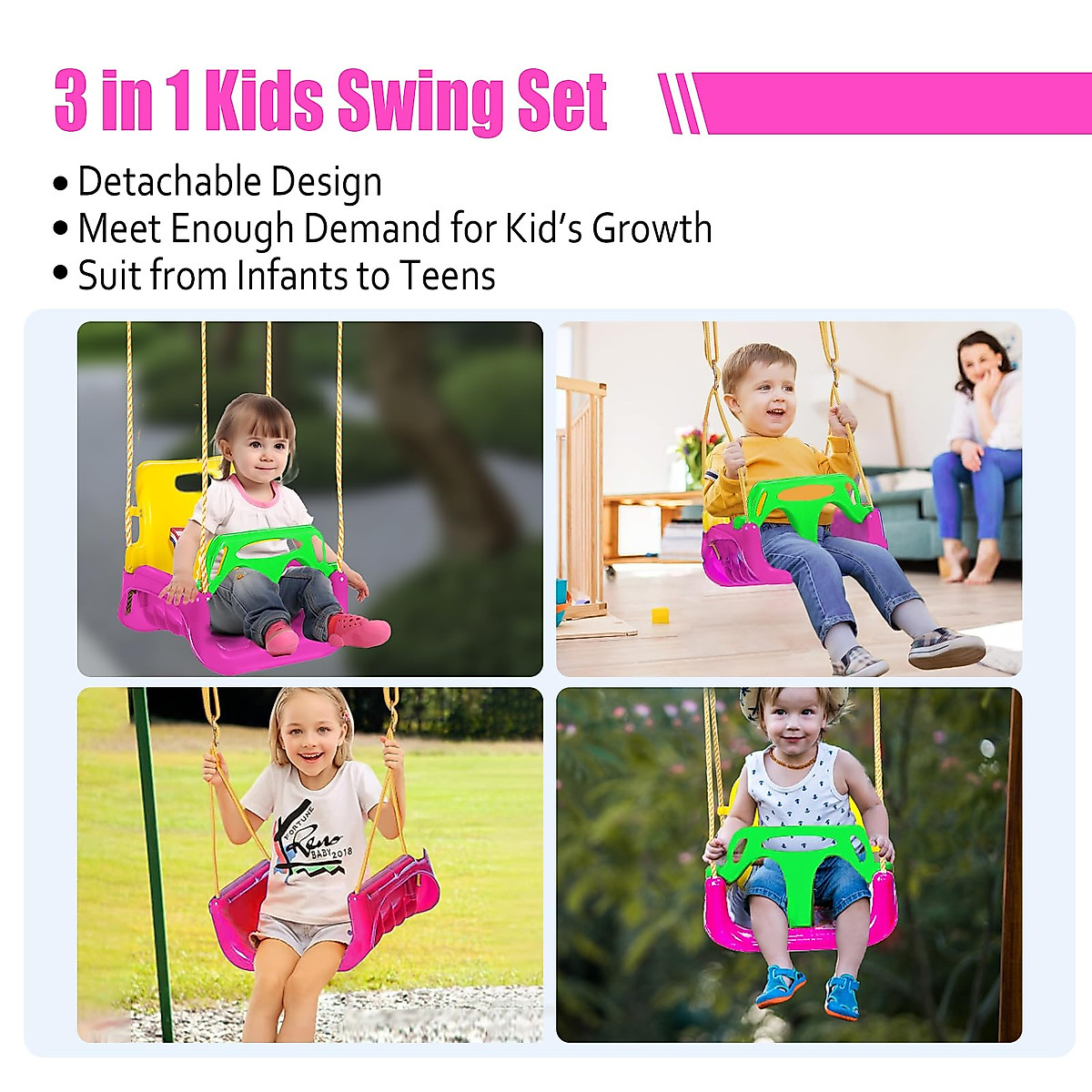 IFOYO Kids Swing Seat, 3 in 1 Toddler Swing Chair Secure Swing Seat Detachable Swing Seat High Back Swing Set for Playground Indoor Outdoor (Pink)