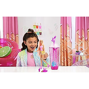 Barbie Pop Reveal Doll & Accessories, Strawberry Lemonade Scent with Pink Hair, 8 Surprises Include Slime & Squishy Puppy