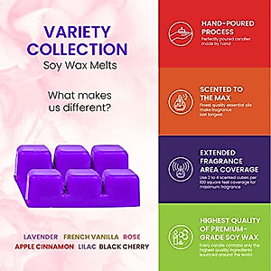 Scented Wax Melts Wax Cubes for Scented Wax Warmer - 100% Soy Wax Melts - 6 Fragrances X 6 Cubes - Lavender, Vanilla, Rose, Apple Cinnamon, Lilac and Black Cherry, Made in USA