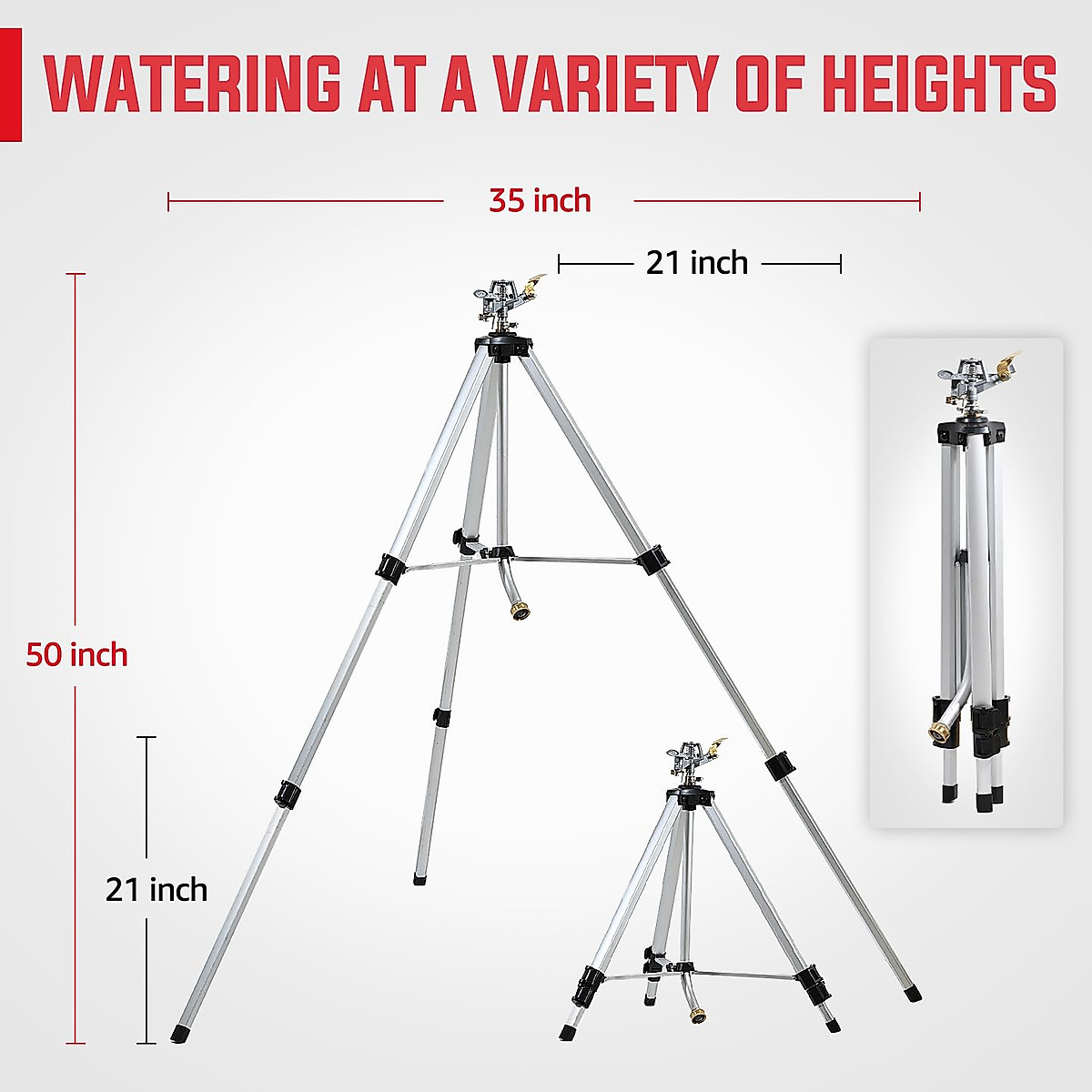 YAMATIC Impact Sprinkler on Adjustable Tripod Base, 360 Degree Large Area, Heavy Duty Adjustable Pulsator Sprinkler for Lawn, Yard and Grass Irrigation, Spray up to 20-90ft(Zinc Head)