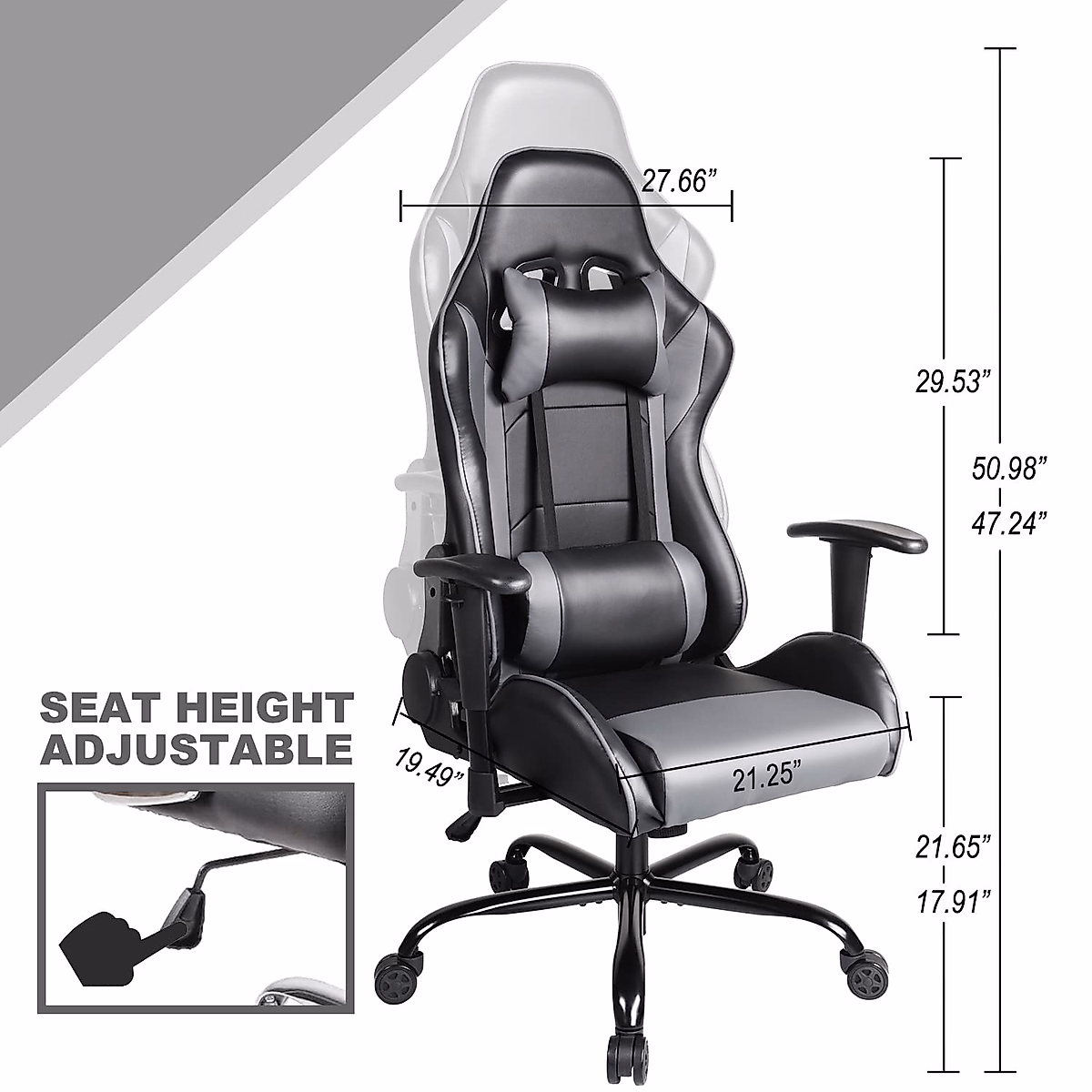 Office Chair, Ergonomic Reclining Computer Gaming Chair PU Leather Comfortable Swivel Task Home Office Desk Chair High Back with Adjustable Armrests, Black/Grey