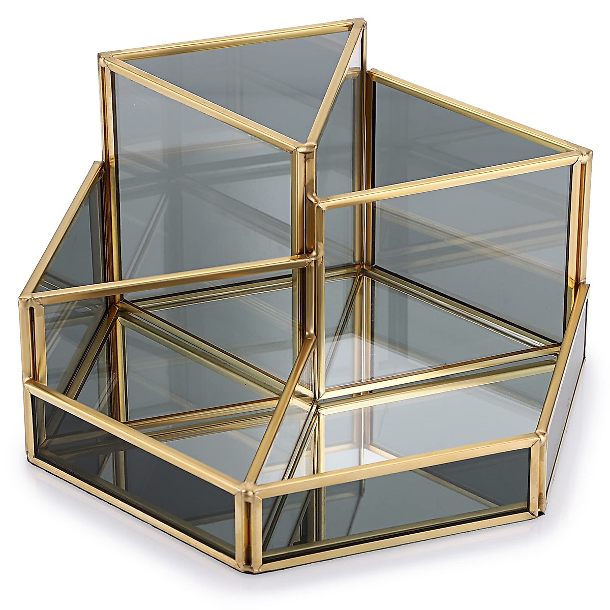 ELLDOO Multi-Functional Geometric Triangle Makeup Brush Holder, Gold Clear Black Glass Composite Hexagon Tray Jewery Organizer Nail Polish Skincare Perfume Lipstick Holder Storage for Dresser Bedroom