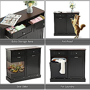 KIGOTY Dual Kitchen Trash Cabinet, Double Tilt Out Trash Can Cabinet with Countertop and Drawer, Free-Standing Pet Proof Recycling Cabinet Garbage Can Holder (Black)