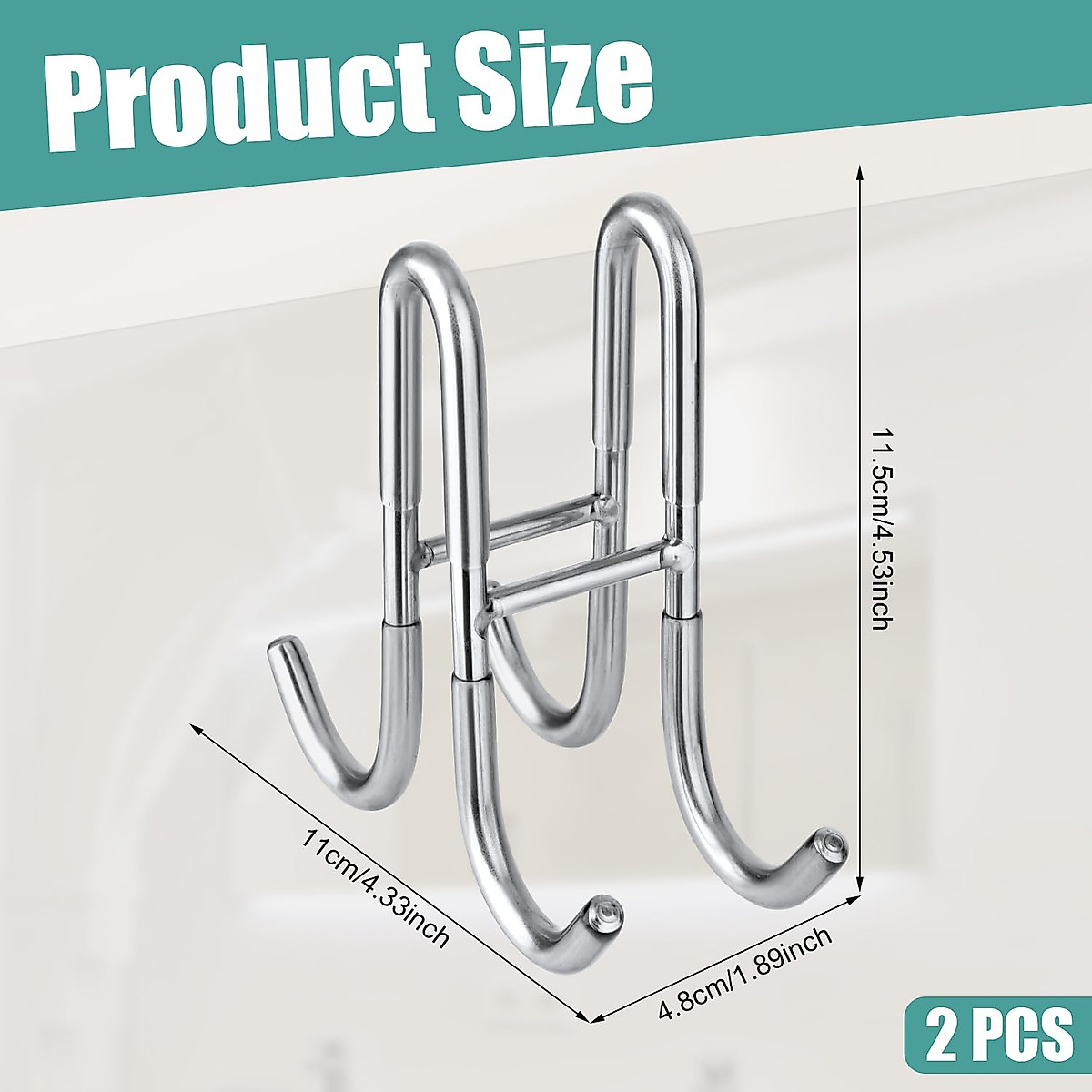 PEUTIER 2pcs Shower Glass Door Hooks, 304 Stainless Steel Over Shower Door Hooks Double Sided Usable Shower Towel Hooks Drilling-Free Towels Hanger for Bathroom (Silver)