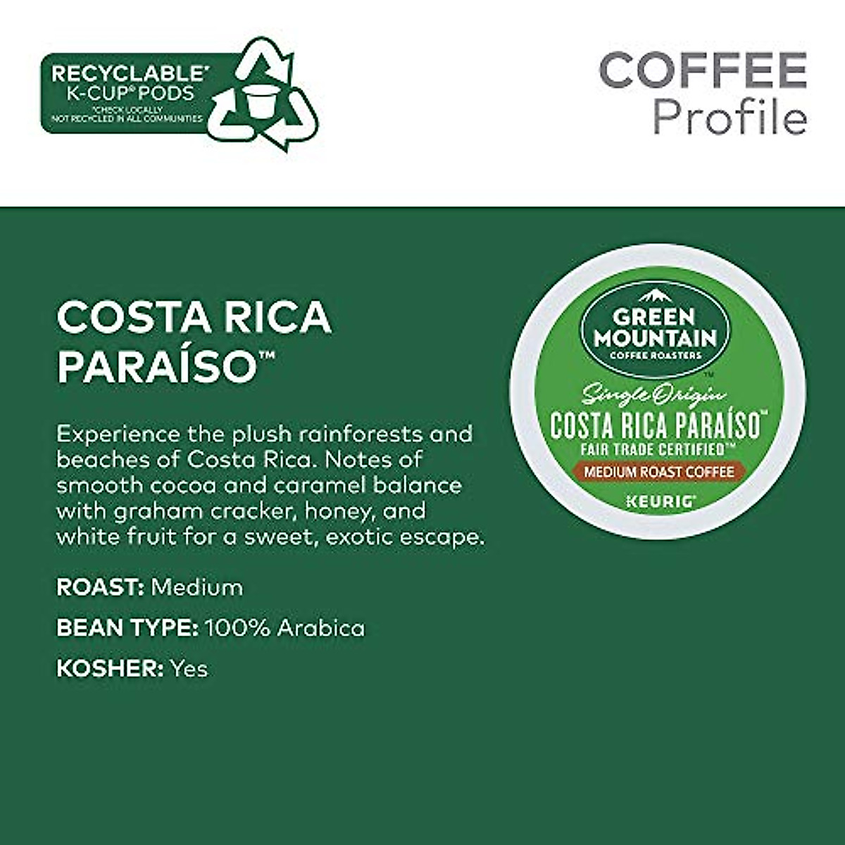 Green Mountain Coffee Roasters Costa Rica Paraiso, Single-Serve Keurig K-Cup Pods, Medium Roast Coffee Pods, 12 Count (Pack of 6)