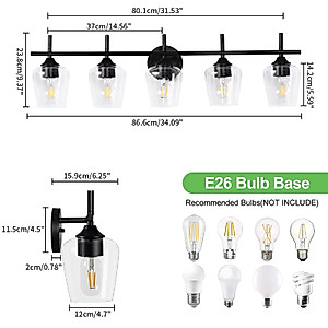 foucasal Black Bathroom Light Fixtures 5-Light Bathroom Vanity Light with Clear Glass Shade, Industrial Matte Bathroom Wall Lights for Bathroom Bedroom Hallway Living Room (E26 Base)